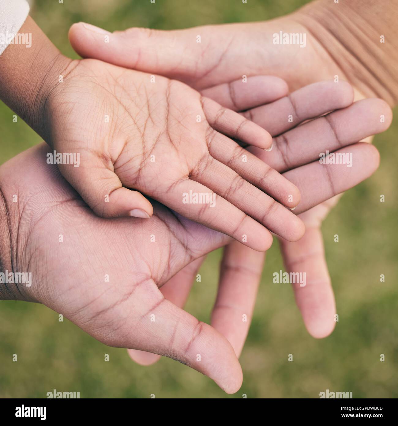 Hands palm close up, kid and parents for family, love or support in ...