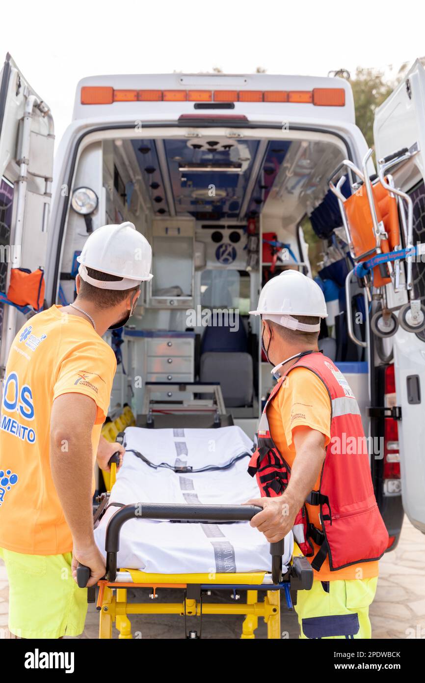 Vertical photo of the rear view of a lifeguard team working with ...