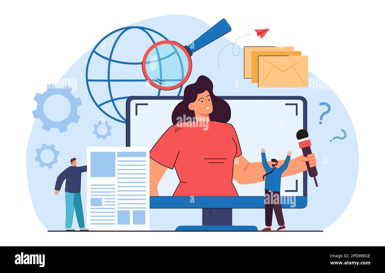 TV presenter giving report on huge screen and tiny journalists Stock ...