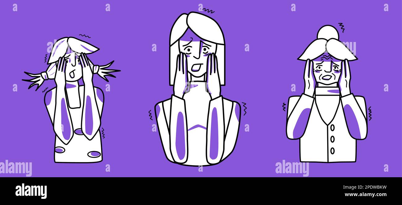Scared female set. Young, adult and old women are afraid, emotion of ...