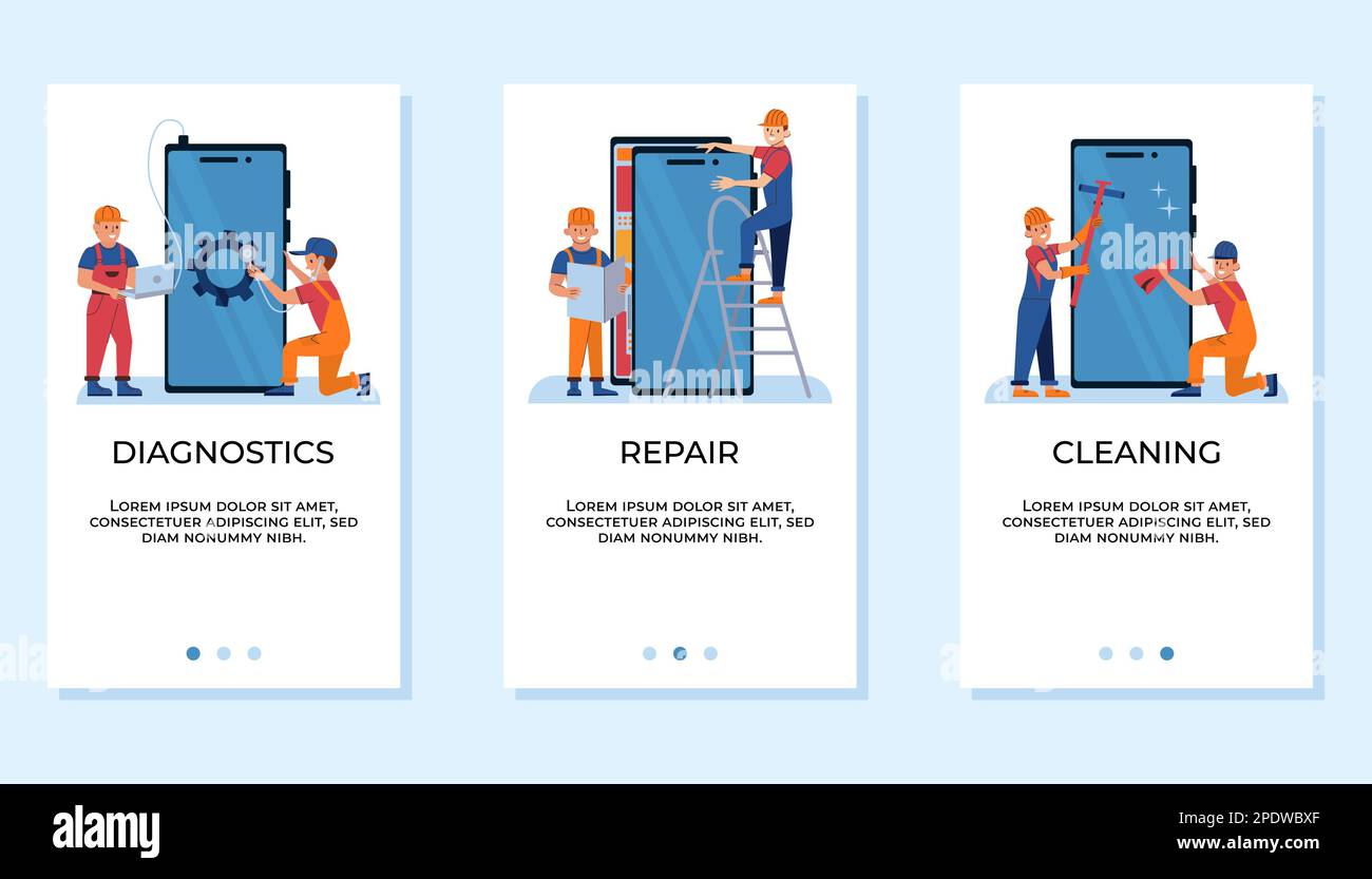 Phone repair service flat app design banners set with engineers doing ...