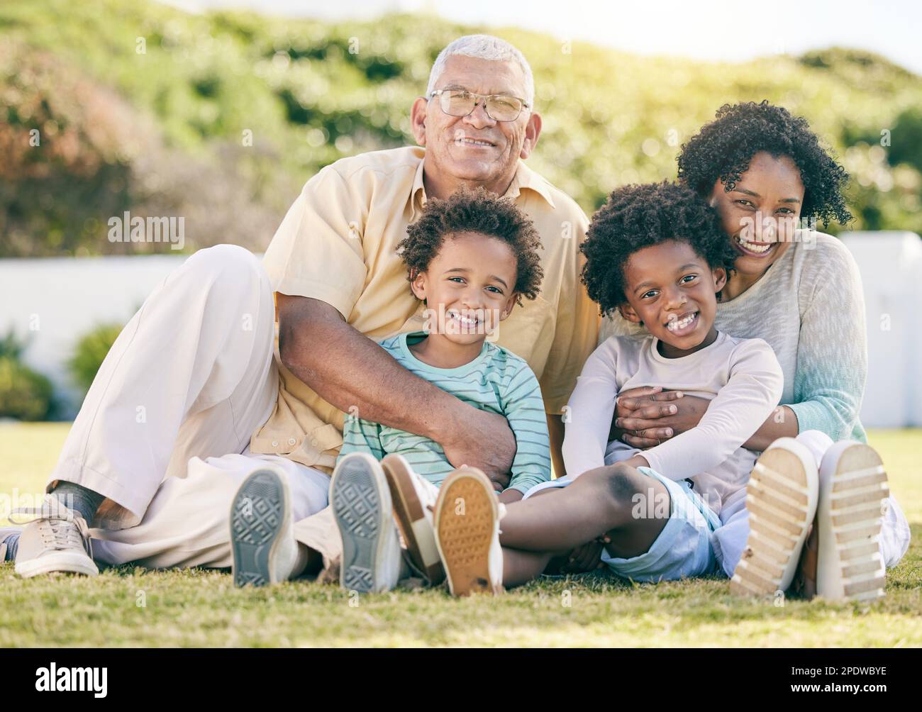 Smile, garden and portrait of children with grandparents enjoy holiday ...