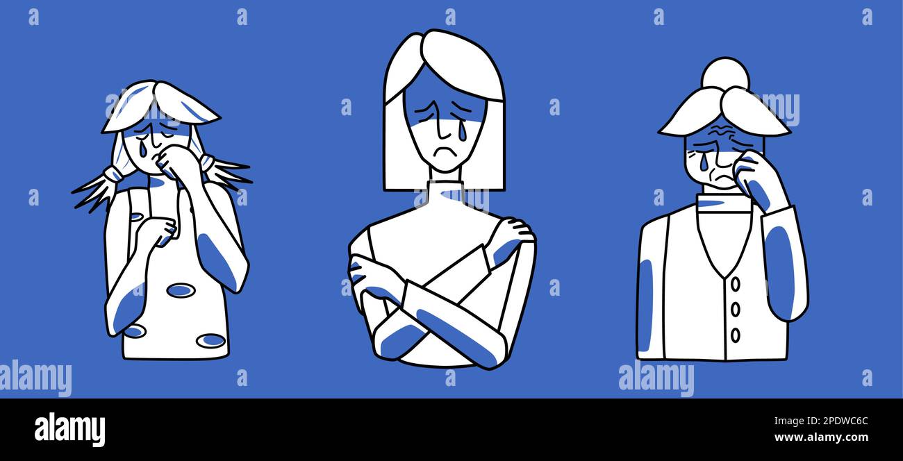Sad female set. Young, adult and old women with sadness, emotion of ...