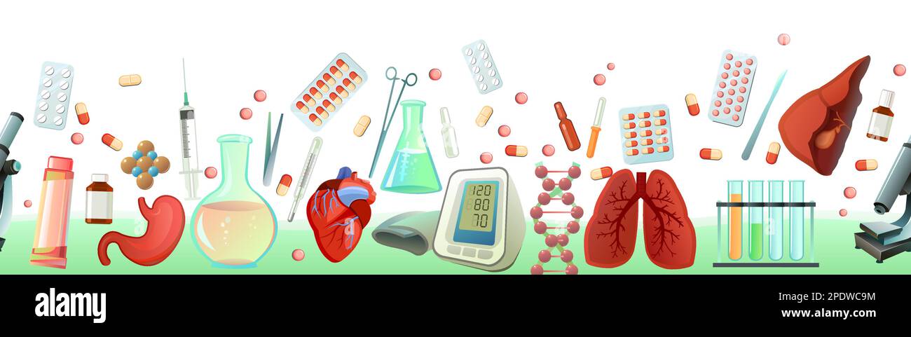 Medicine and treatment. Seamless bottom border. Cartoon style. Subjects ...