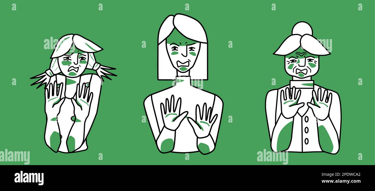 Disgust emotion female set. Young, adult and old women with a disgusted ...