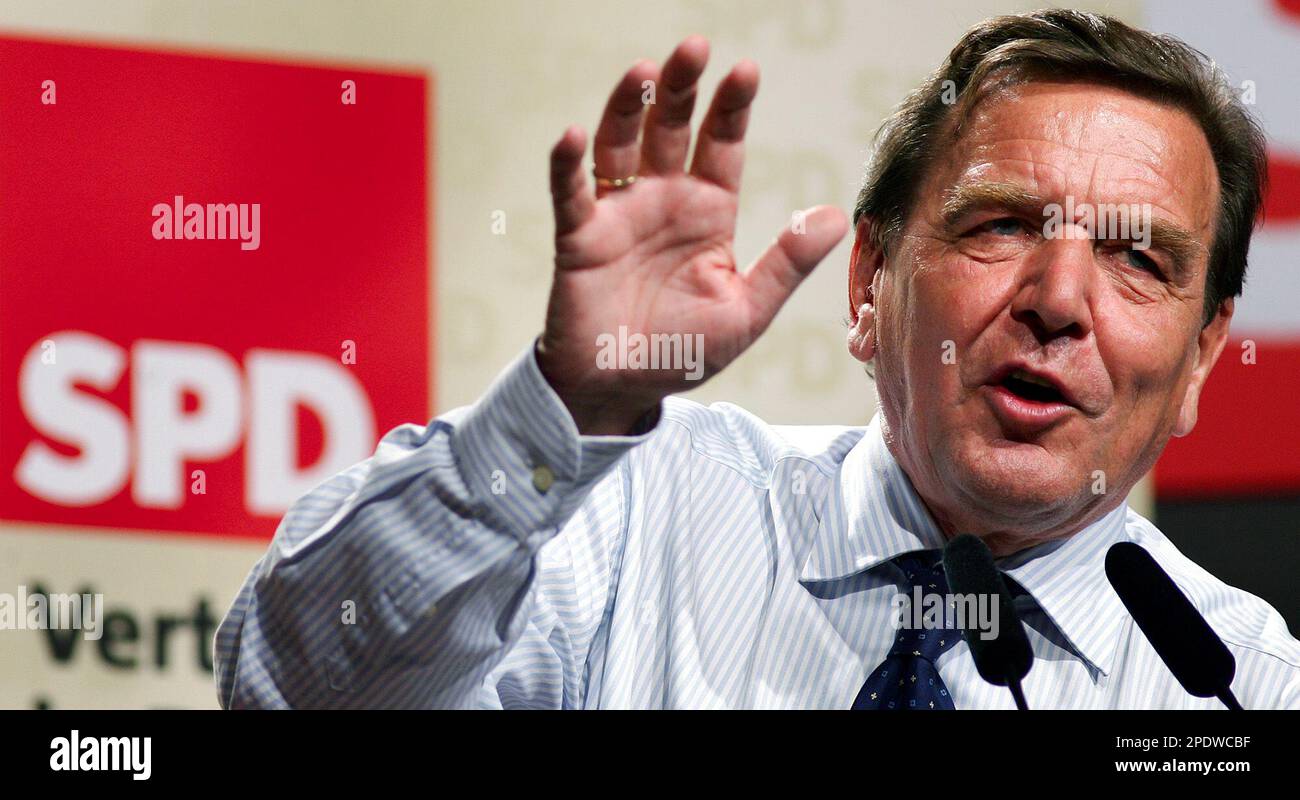 German Chancellor Gerhard Schroeder speaks during an election campaign ...
