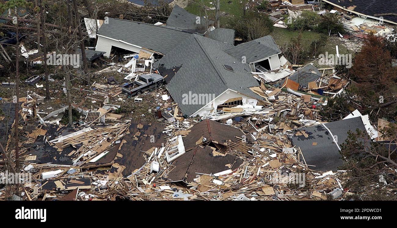 An aerial view of destroyed homes in Waveland, Miss., Thursday, Sept. 1 ...
