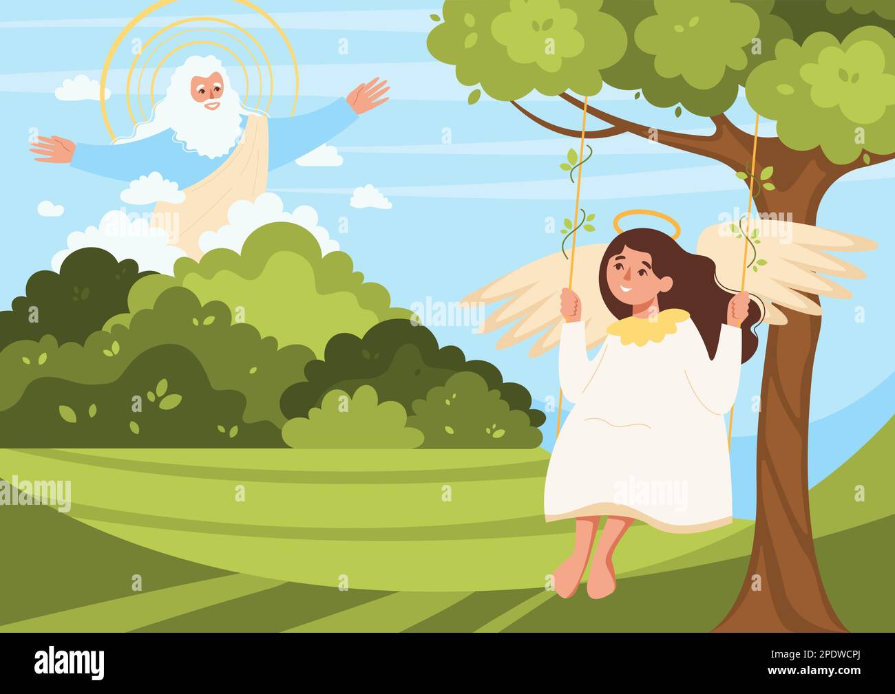 Paradise bible flat composition with outdoor view of angel on swing and ...