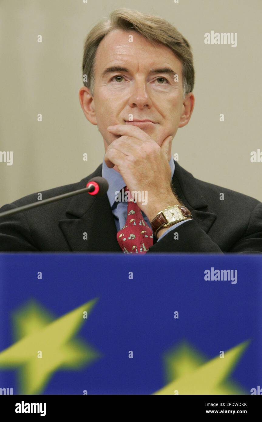 European Commissioner for Trade Peter Mandelson listens during a media ...