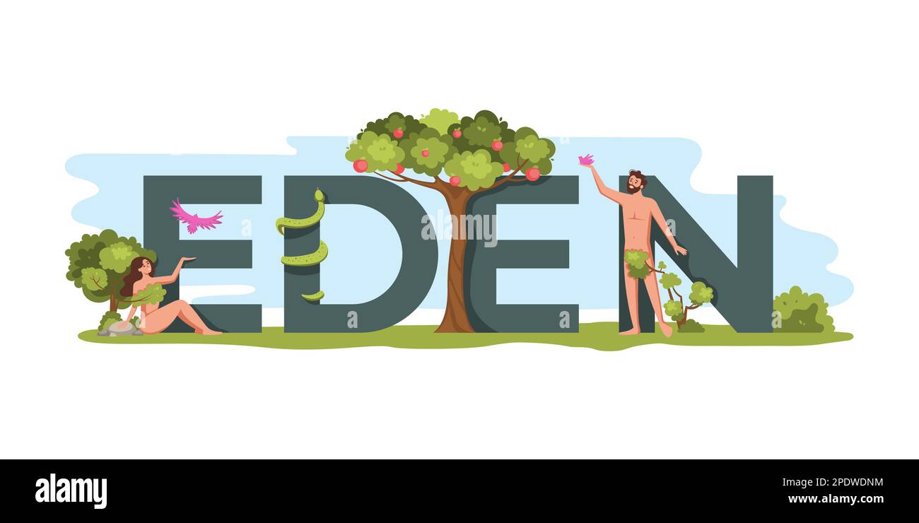 Paradise bible composition of flat text surrounded by tale scene of adam and eve with apples ...