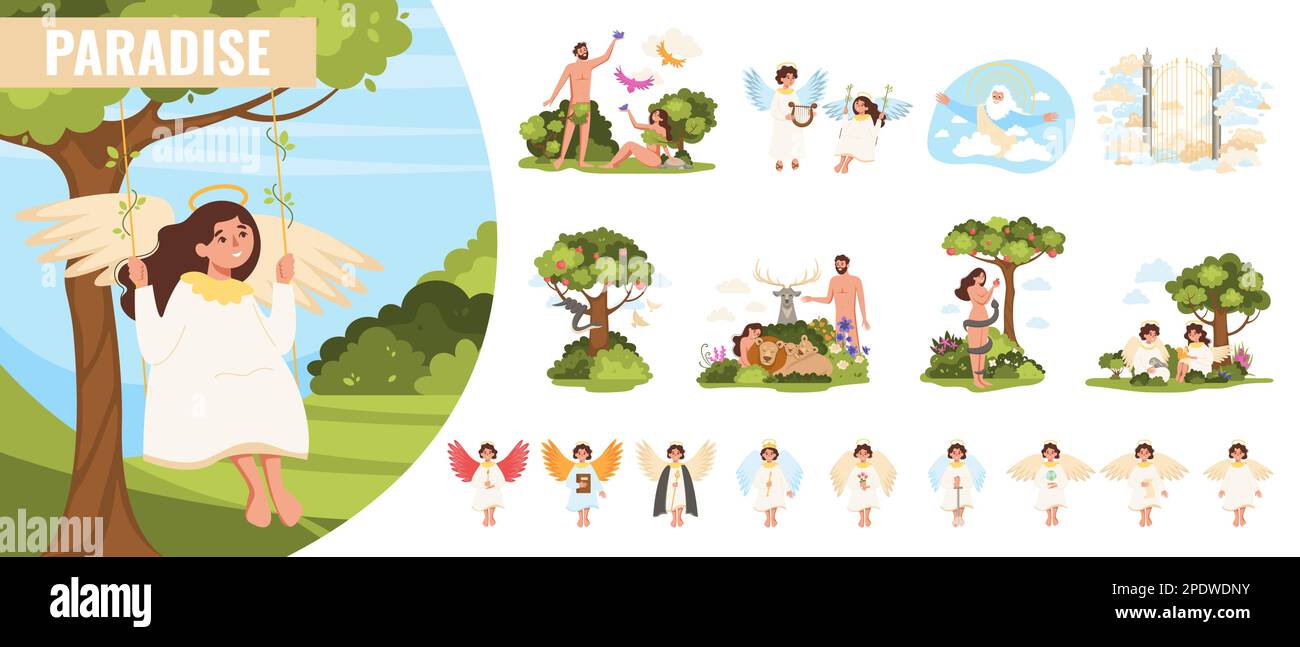Paradise bible flat composition with summer scenery angel character and ...