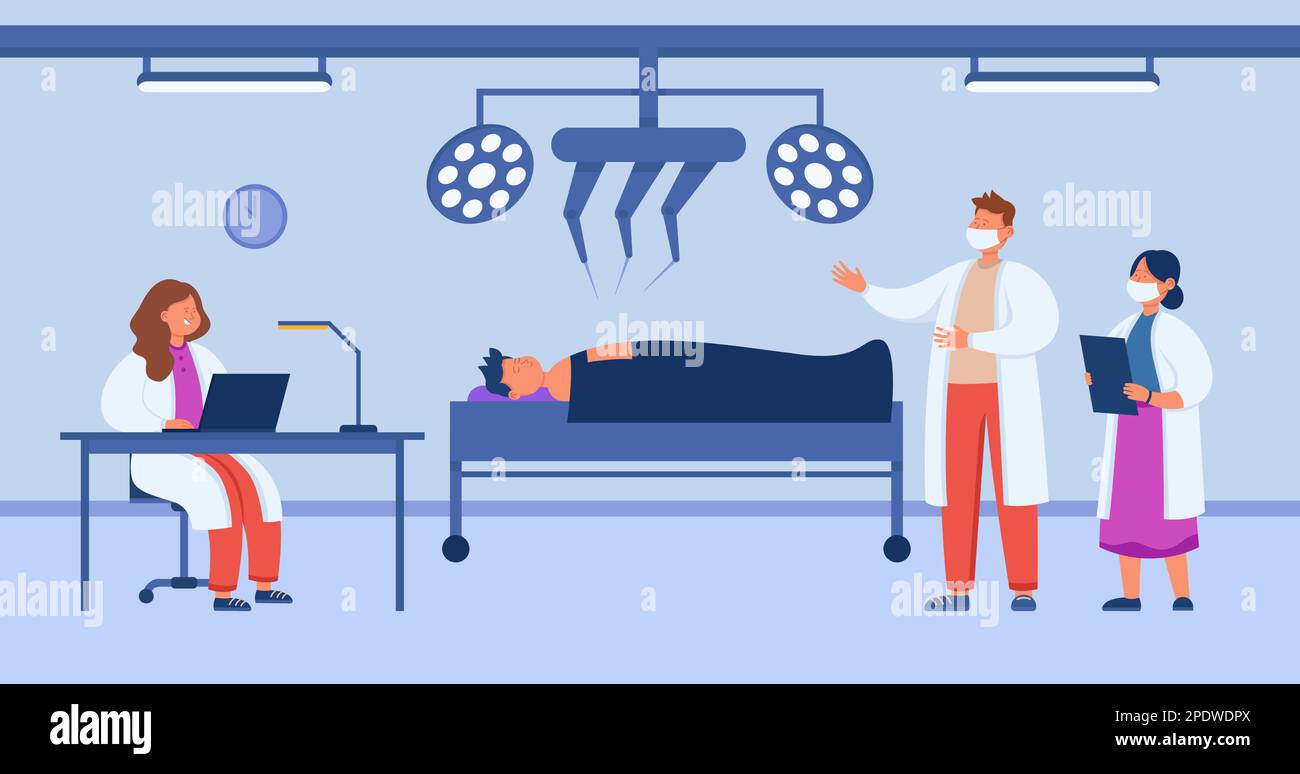 Surgeon using surgical robot for operation on cartoon patient Stock ...