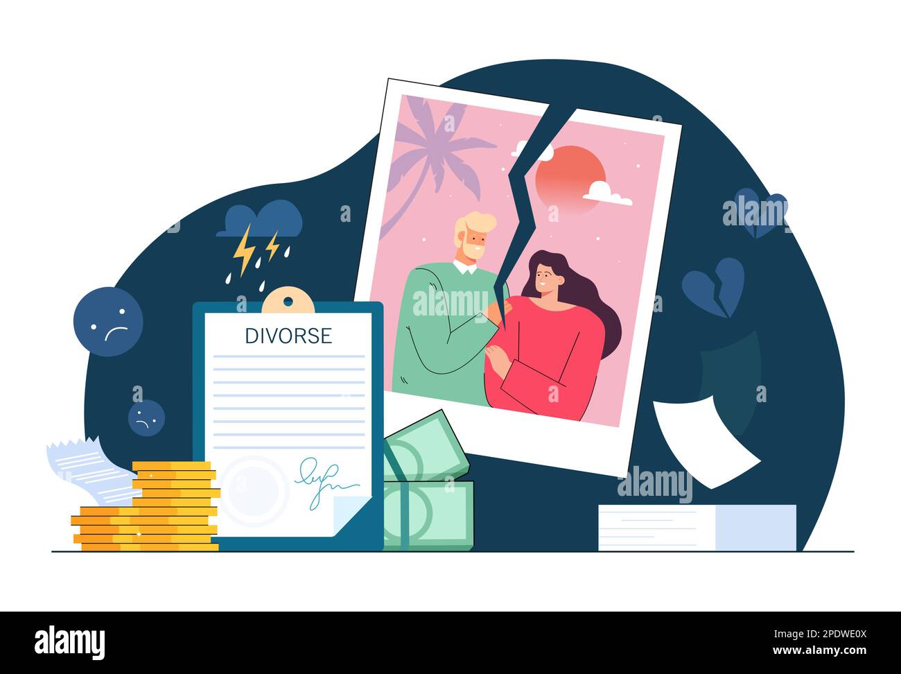 Torn photo of cartoon family and divorce papers for court Stock Vector ...