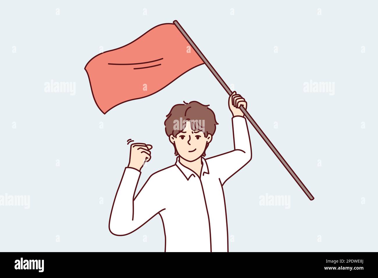 Man with red flag in hand makes victory gesture showing leadership ...