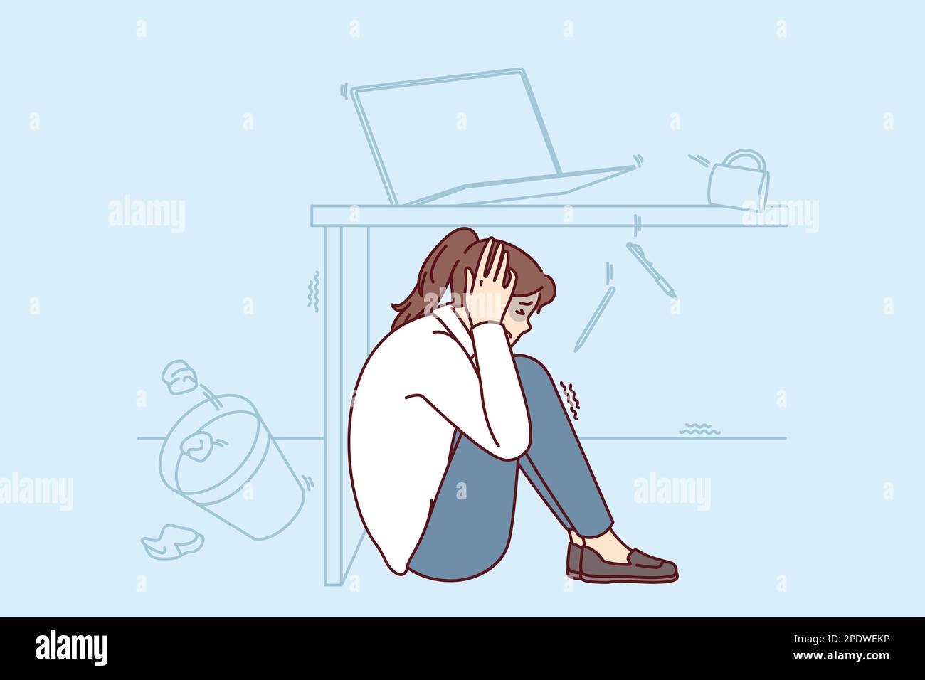 Frightened woman wait out earthquake hiding under office desk to save ...