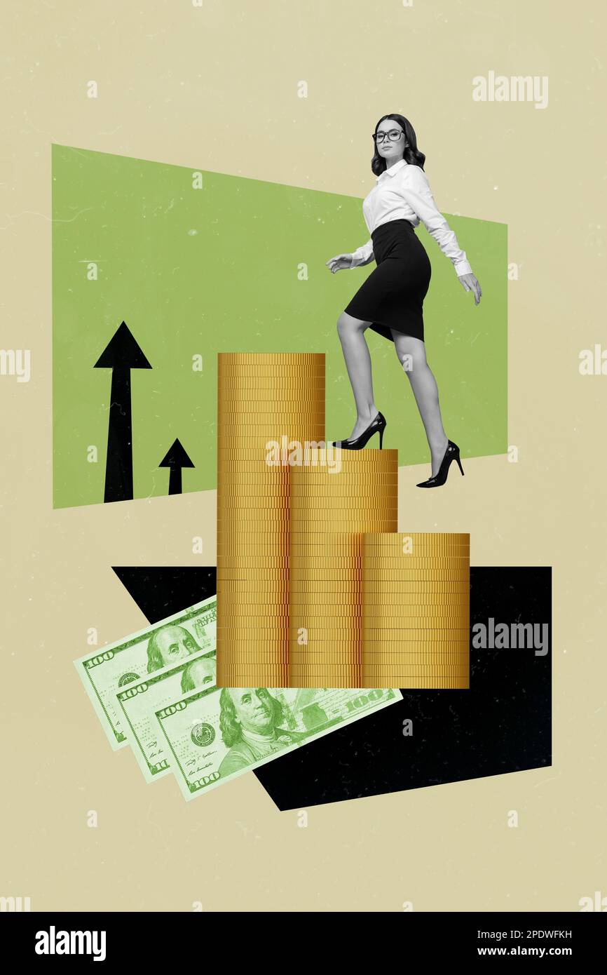 Successful trader woman climb up big gold money coins pile wealthy ...