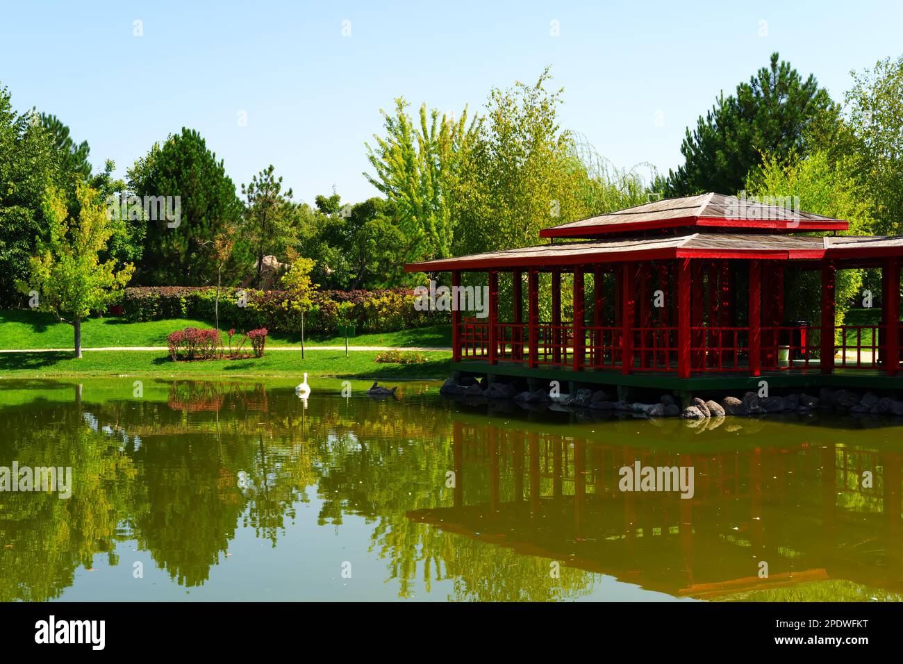 Red wooden Japanese style construction at lakeside in nature within ...