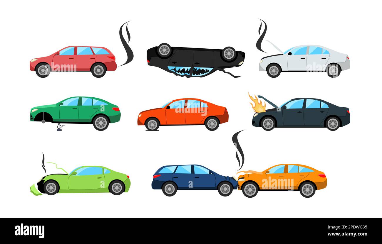 Broken cars after road traffic accident cartoon illustration set Stock ...