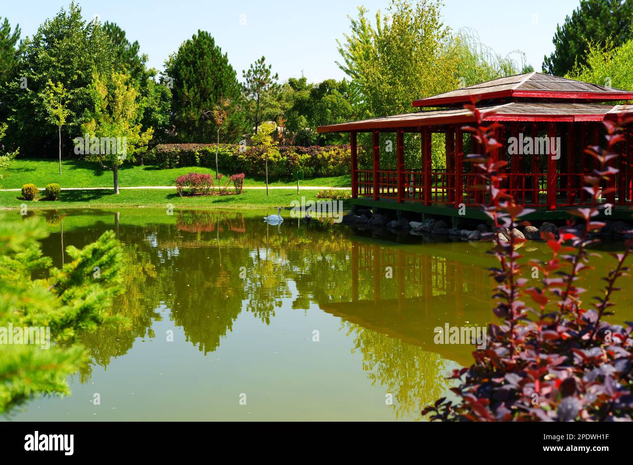 Red wooden Japanese style construction at lakeside in nature within ...