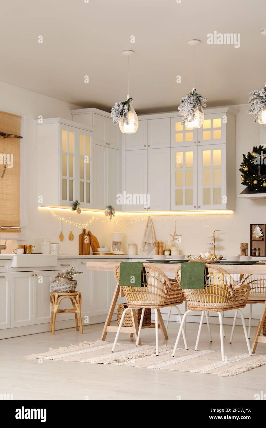 Cozy open plan kitchen decorated for Christmas. Interior design Stock ...