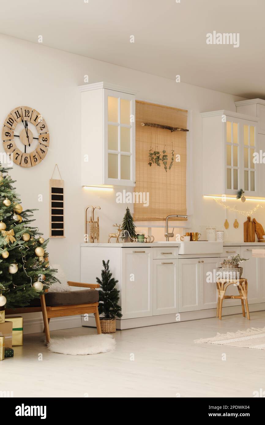 Cozy open plan kitchen decorated for Christmas. Interior design Stock ...