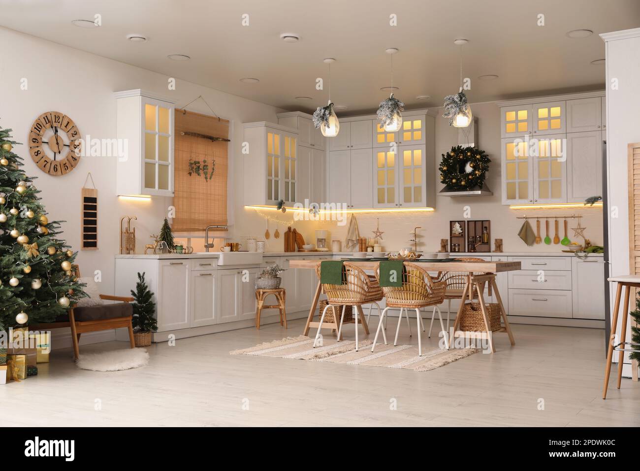 Cozy open plan kitchen decorated for Christmas. Interior design Stock ...