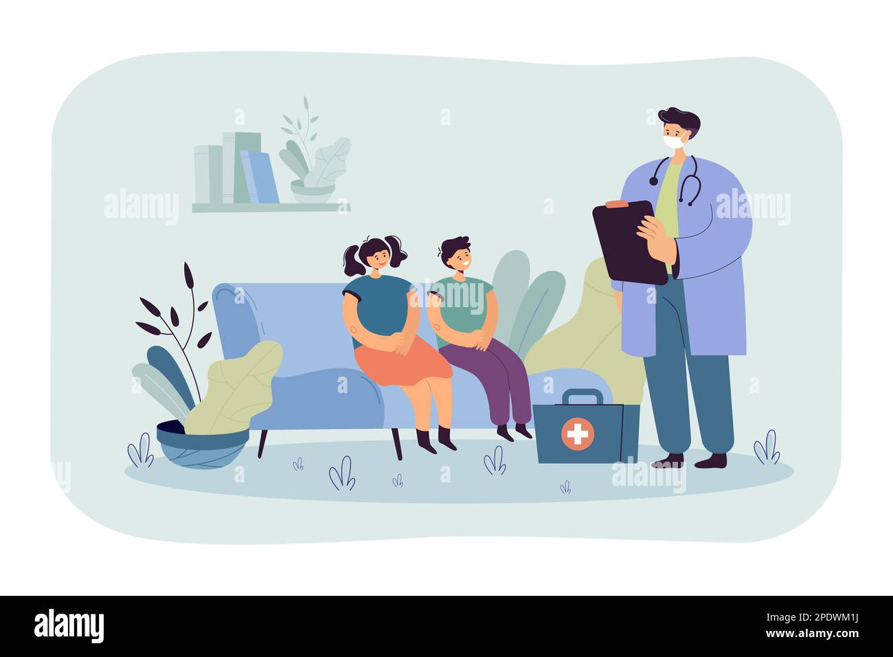 Cartoon doctor in mask visiting children at home Stock Vector Image ...