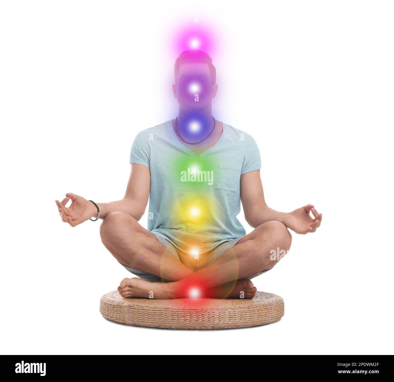 Man meditating on white background. Scheme of seven chakras ...