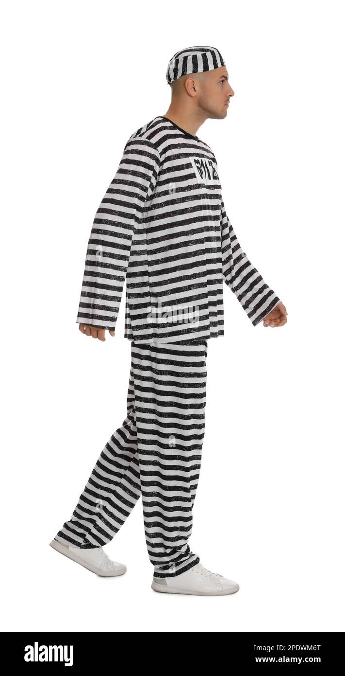 Prisoner in striped uniform on white background Stock Photo - Alamy