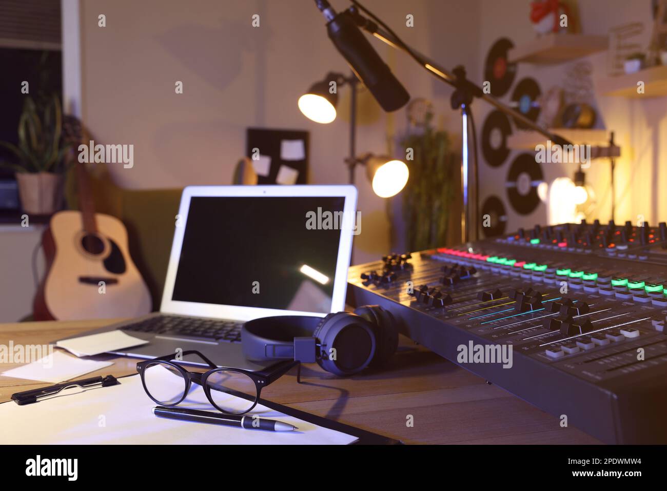 Professional audio equipment on table in modern radio studio Stock ...