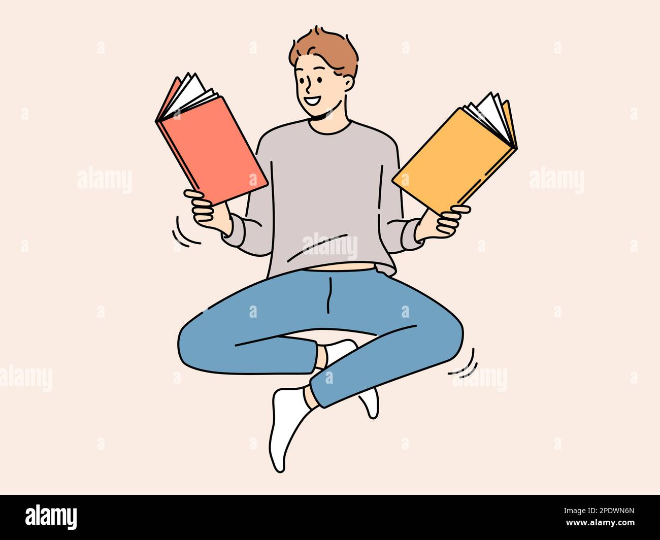 Smiling man floating in air reading books. Happy male reader enjoy ...