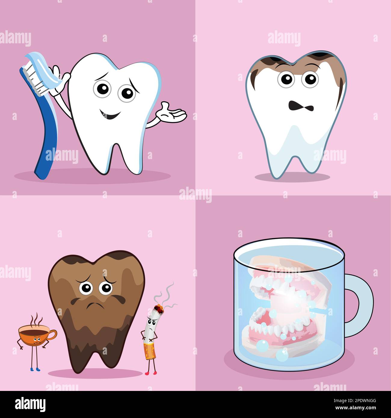 Collage with healthy and unhealthy teeth on pink background ...