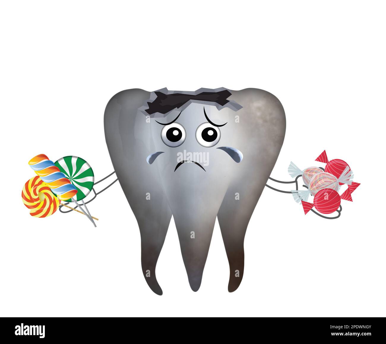 Unhealthy tooth with sweets on white background, illustration. Dental ...