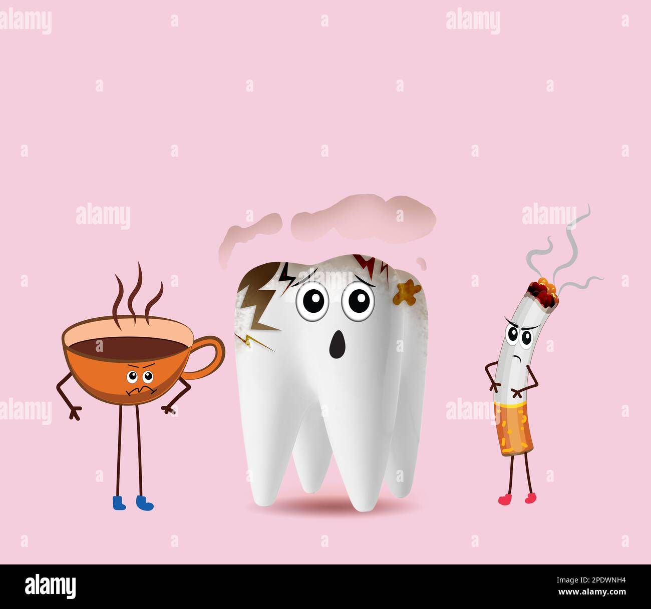 Unhealthy tooth, cup of coffee and cigarette on pink background ...