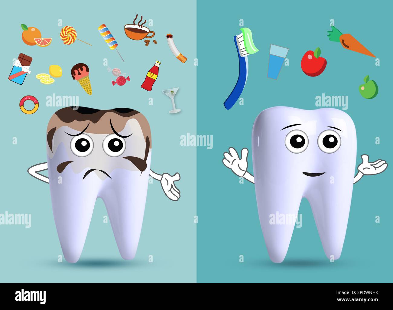 Healthy and unhealthy teeth and different products on turquoise ...