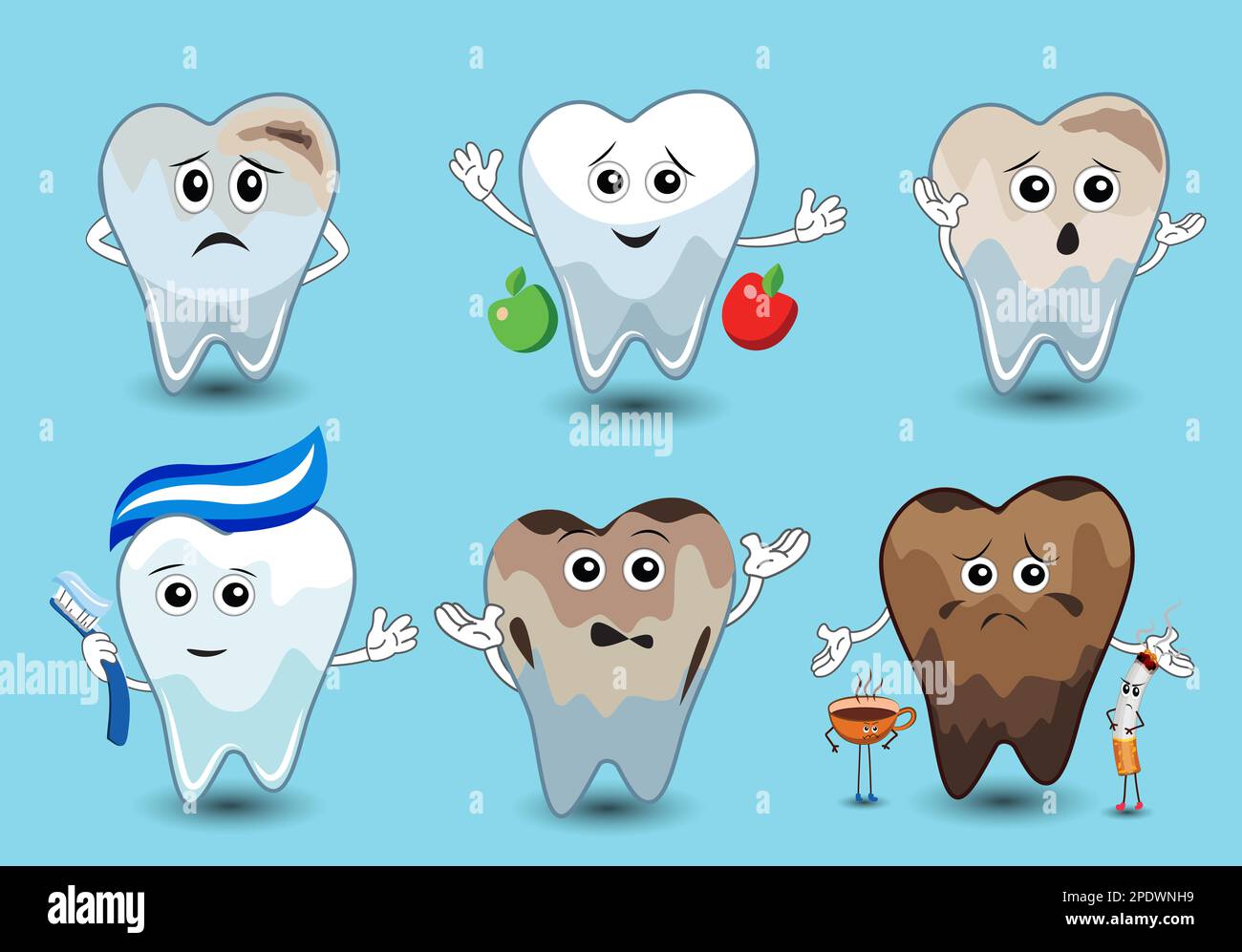 Collage with healthy and unhealthy teeth and different products on ...