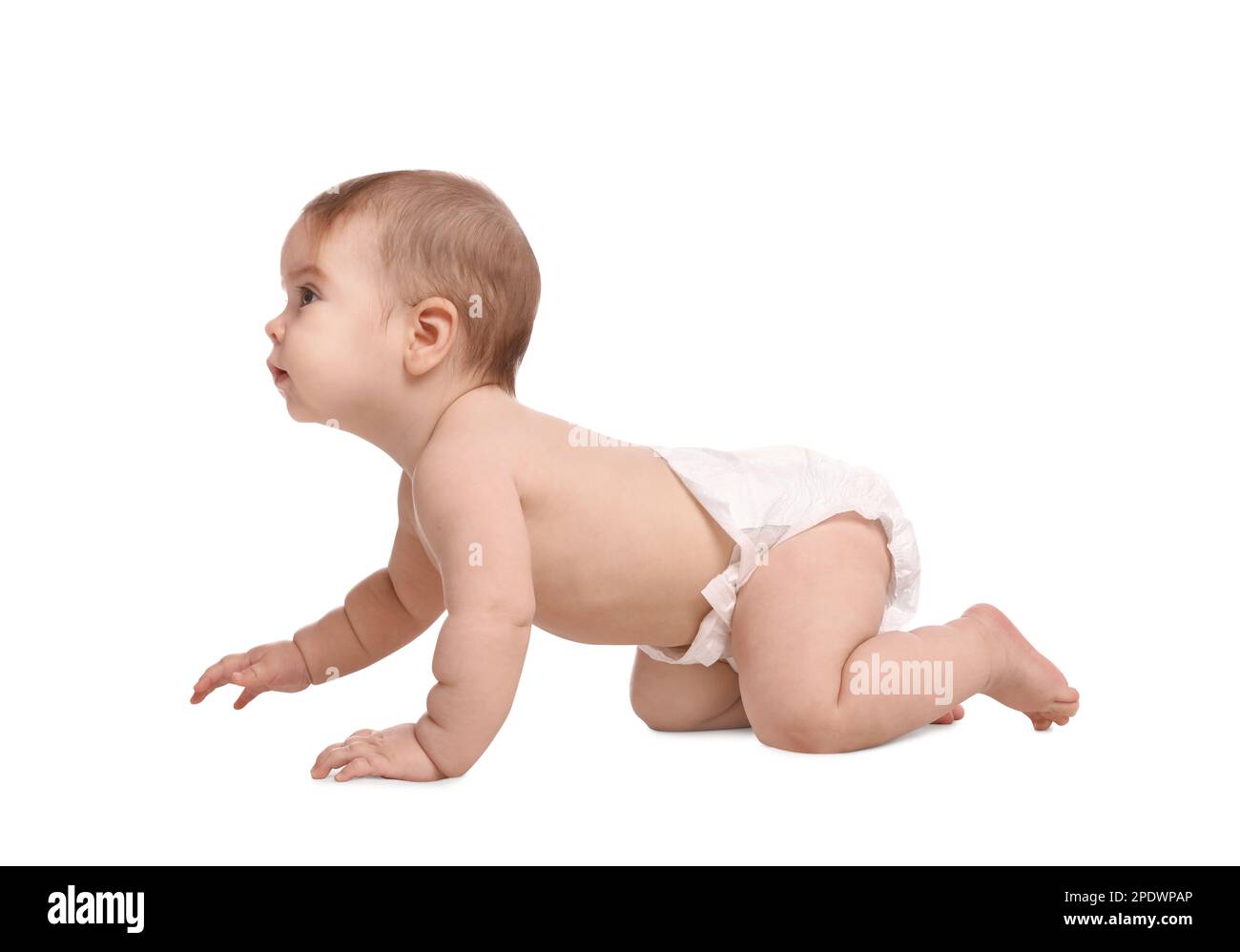 Cute little baby in diaper crawling on white background Stock Photo - Alamy
