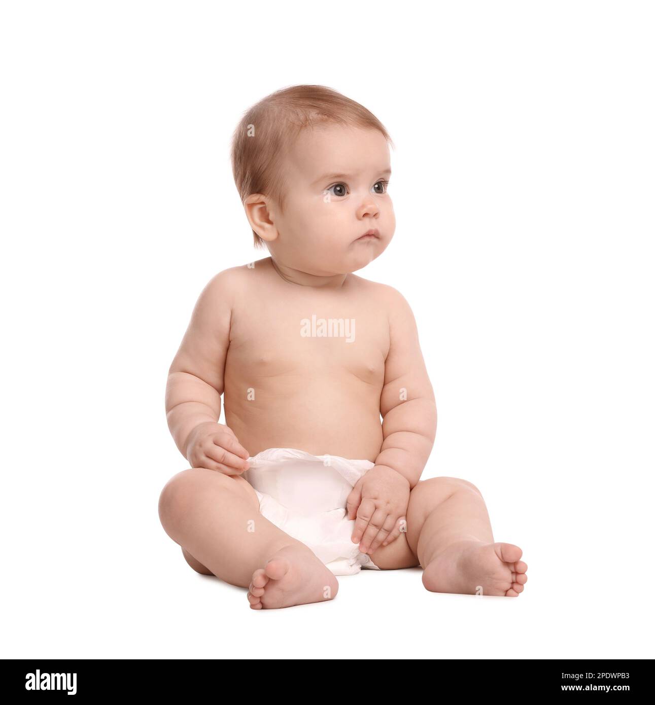 Cute little baby in diaper sitting on white background Stock Photo - Alamy