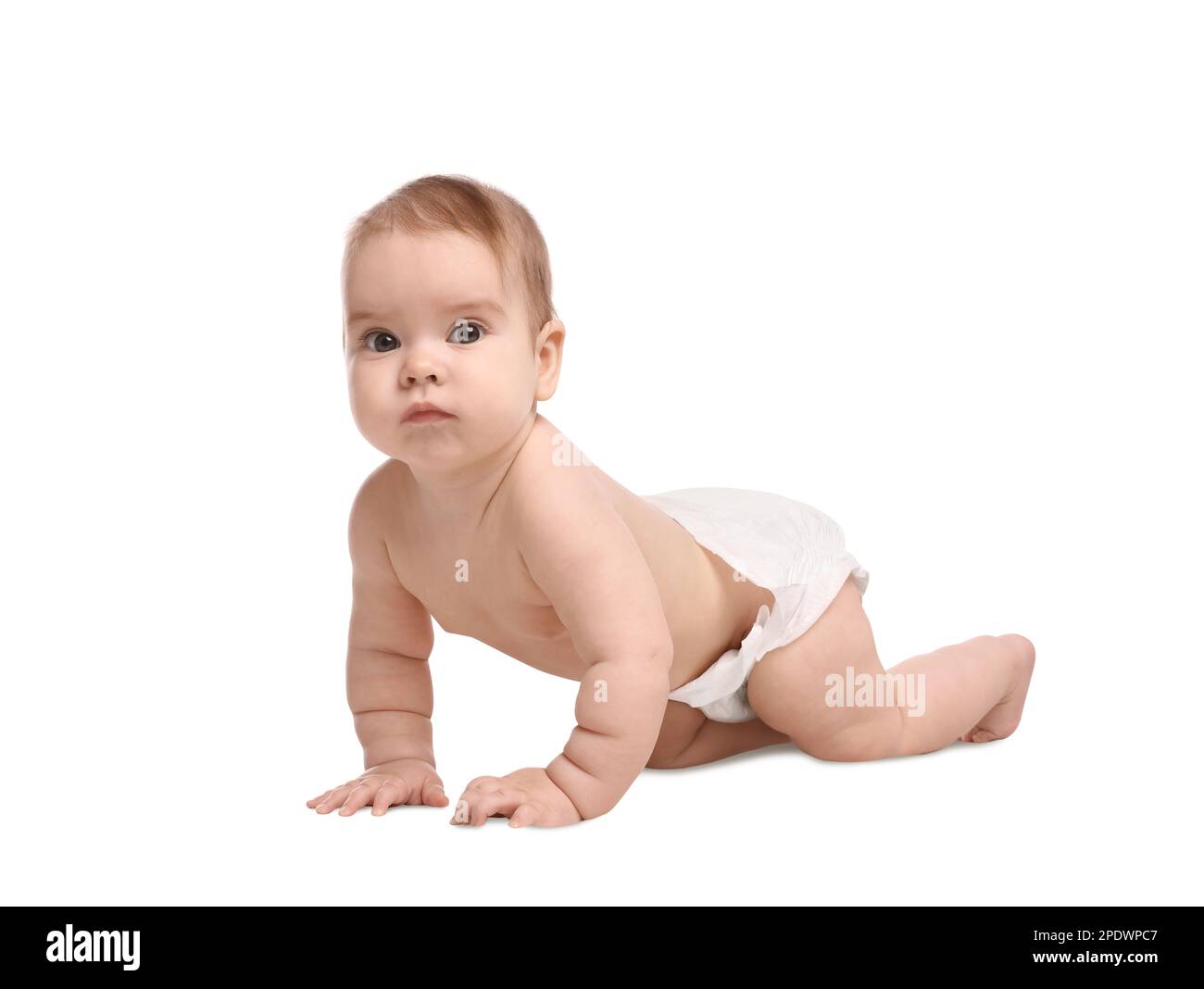 Cute little baby in diaper crawling on white background Stock Photo - Alamy