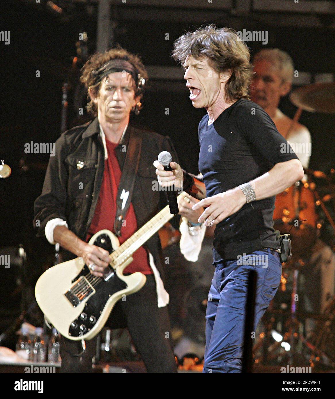 Rolling Stones singer Mick Jagger, right, and guitarist Keith Richards perform during the band's ...