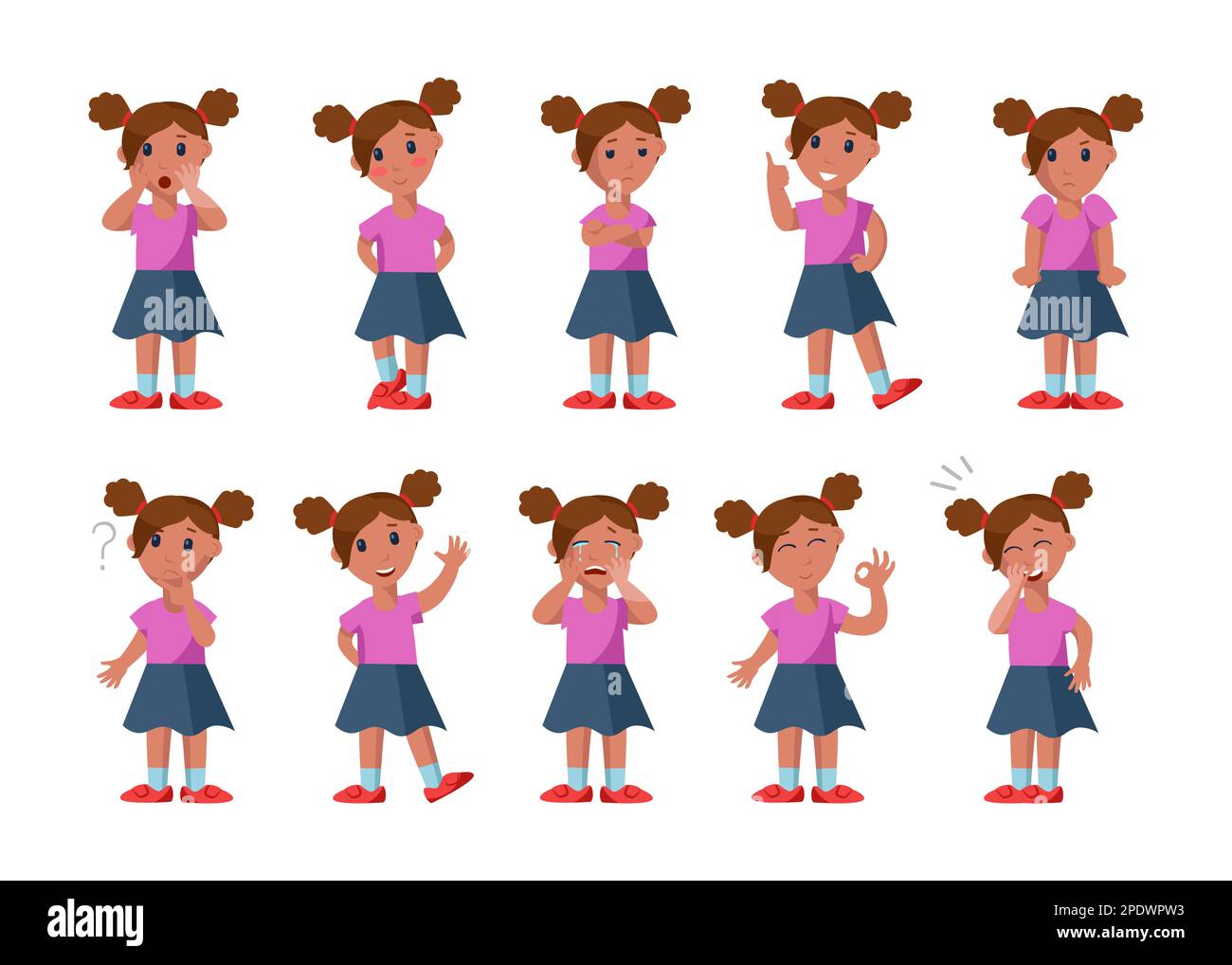 Cute little girls face emotions and expressions cartoon vector Stock ...