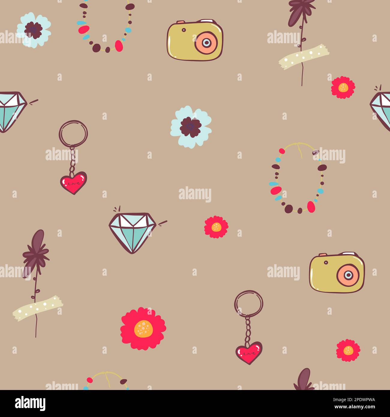 hand drawn seamless graphic pink pattern of girl stuff woman things ...