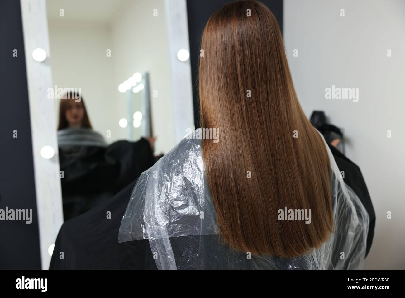 Woman with straight hair in beauty salon, back view Stock Photo - Alamy