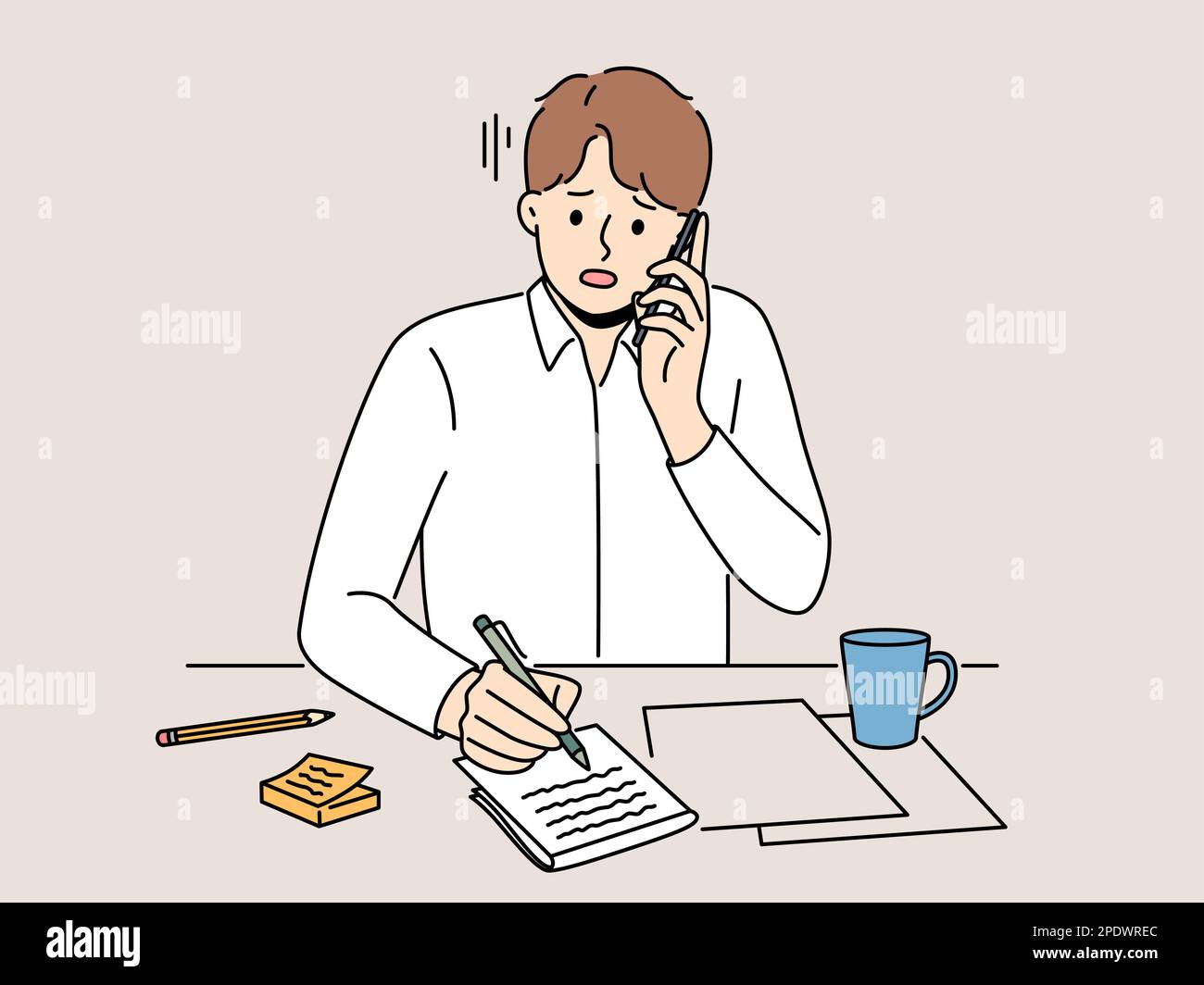 Unhappy man sit at desk talk on phone taking notes. Upset guy feel ...