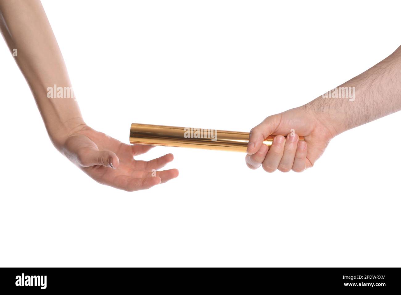 Man passing relay baton to teammate isolated on white, closeup Stock ...
