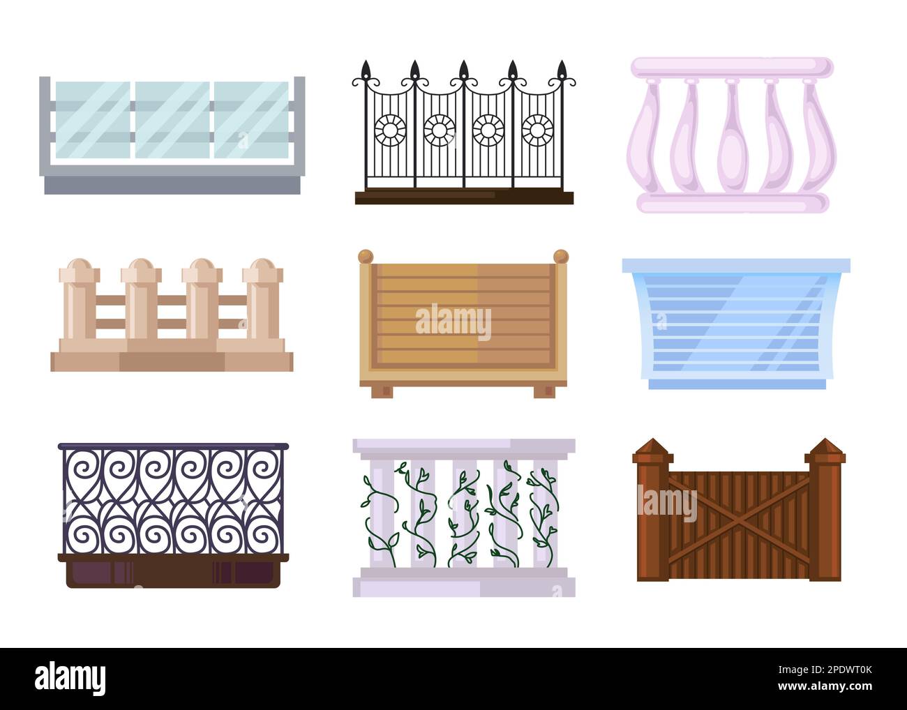 Different types of balcony railing vector illustrations set Stock ...