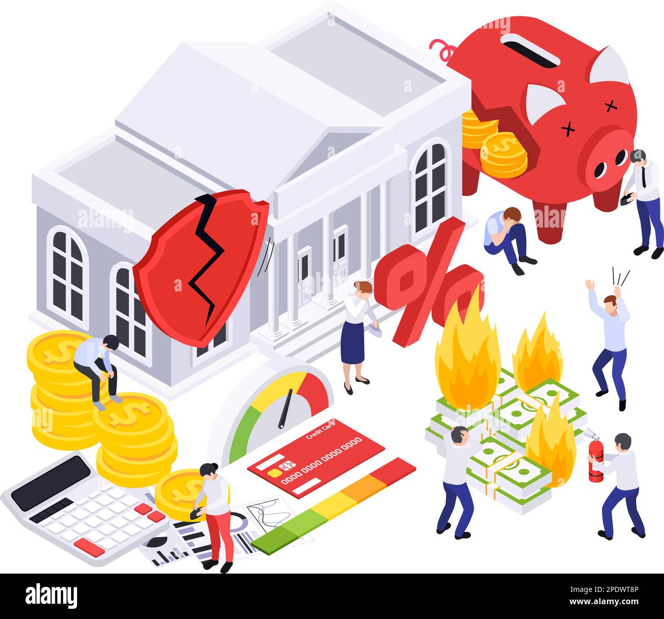 Financial crisis inflation isometric composition with classic building ...