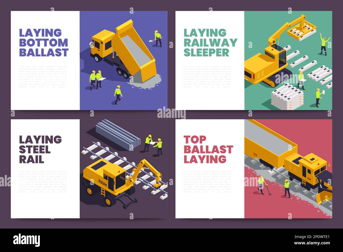 Set of four isolated horizontal banners with isometric railroad track ...