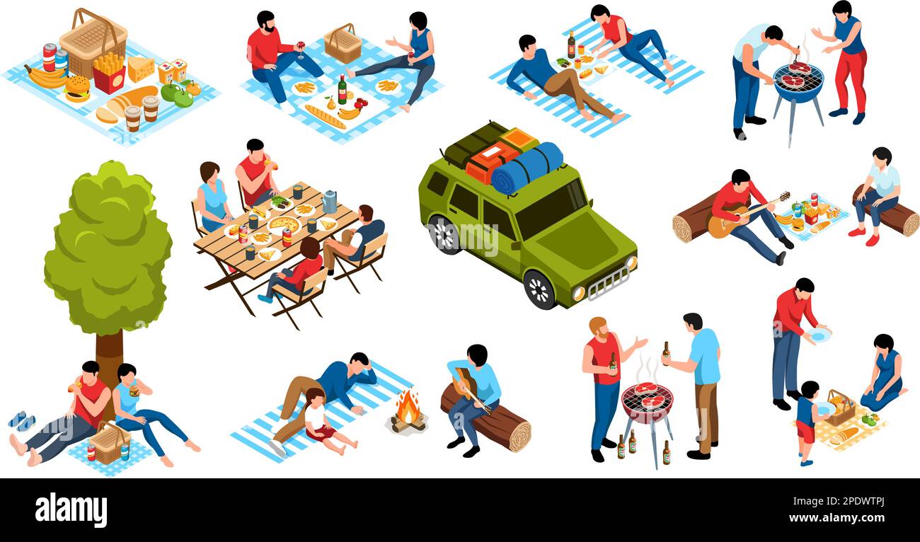 Isometric barbecue icons set with people having picnic outdoors ...