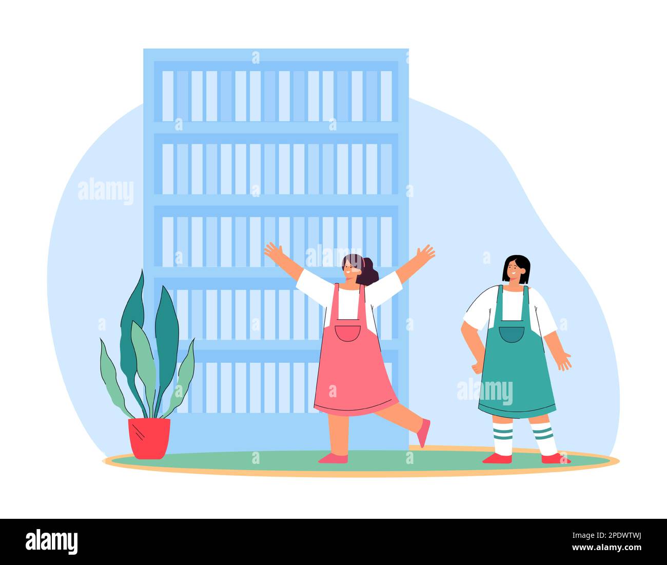 Cute little cartoon girls in library or bookstore Stock Vector Image ...